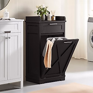 DWVO 10 Gallon Trash Cabinet with Storage Cabinet ＆ Drawer, Wooden Tilt Out Trash Cabinet Hidden Garbage Bin Cabinet, Tilt-Out Hamper for Kitchen Island, 20.5" W x 14" D x 39" H, Black