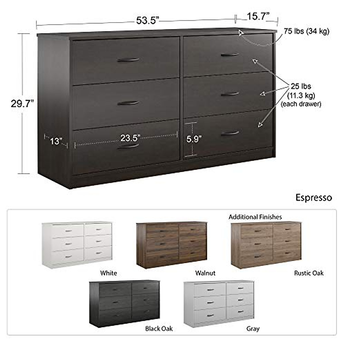 Ameriwood Home Everly Wide 6-Drawer Dresser, Espresso