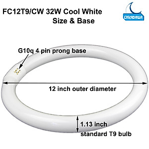 CHKADAWA FC12T9/CW 32W Cool White Round Fluorescent Light Bulb, 12 Inch T9 32 Watts Circular Bulbs, 12'' FCL 32 Circline Bulb 4100K 841, G10q 4 Pin Prong Base, 2 Pack