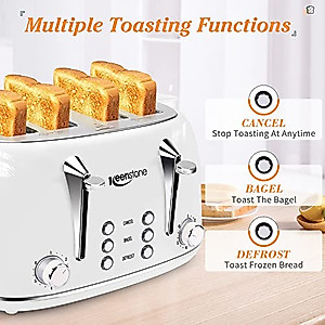 Toaster 4 Slice Stainless Steel Toaster with Bagel, Cancel, Defrost Function, Keenstone 4 Slice Toaster with Removable Crumb Tray, 4 Extra Wide Slots, 6 Shade Settings, White