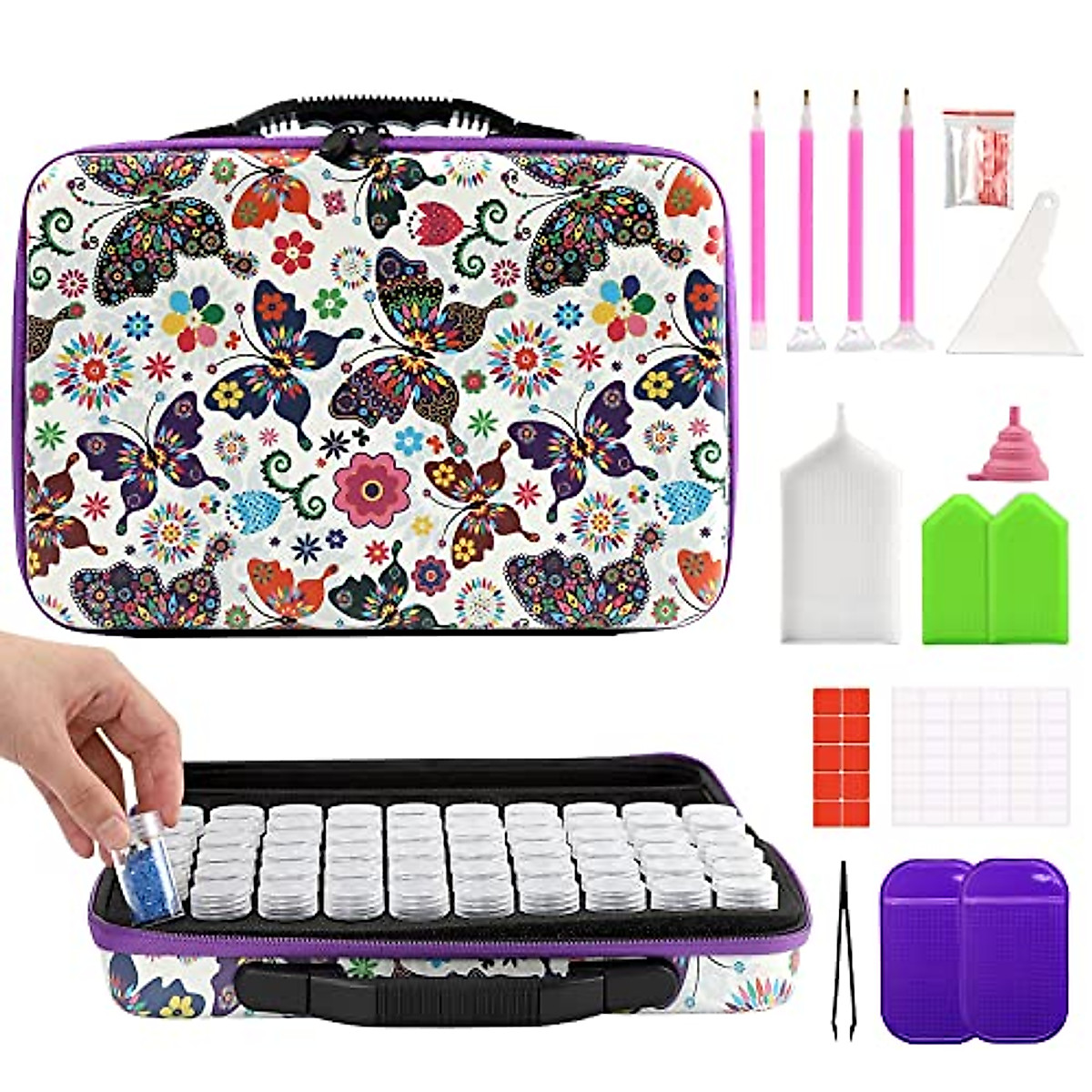 WELYEA Diamond Painting Storage Containers - 60 Slots Butterfly Style DIY Diamond Accessories and Tools Set Jewelry Rhinestones Beads Organizer Zipper Carry Bag