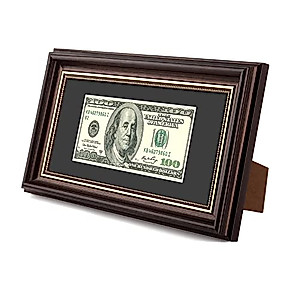 AUEAR, Dollar Bill Frame with Black Mat or 4x9 Business License Holder Without Mat, Easel Stand/Wall Mount, Tempered Glass (Dark Brown with Black Mat, 2-Pack)