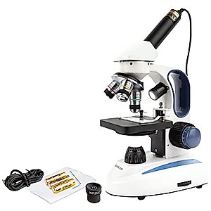AmScope M158C-2L-E1 Digital Cordless Compound Monocular Microscope, WF10x and WF25x Eyepieces, 40x-1000x Magnification, Upper and Lower LED Illumination with Rheostat, Brightfield, Single-Lens Condenser, Coaxial Coarse and Fine Focus, Plain Stage, 110V or