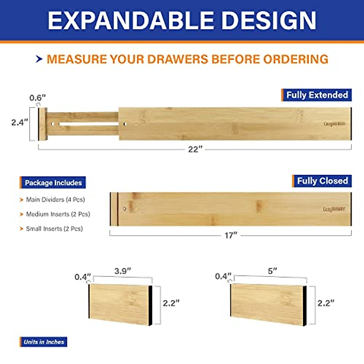 CozyVenient Adjustable Bamboo Drawer Dividers for Clothes, Kitchen Utensils, Office Desks, Bathroom Accessories, Socks and Underwear, and Personal Items, 4 Dividers with 4 Partitions