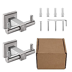 Double Towel Hooks for Hanging ,Premium Stainless Steel Heavy Duty Square Clothes Coat Robe Wall Hook for Kitchen &Garage, Heavy Duty Wall Mounted 2 Pack