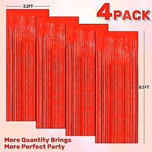 4-Pack Backdrop for Party Decorations, Foil Fringe Backdrop Curtains, Tinsel Streamers for Birthday Party Decorations, Tinsel Curtains for Halloween Valentine Disco Hollywood Theme Parties (Red)