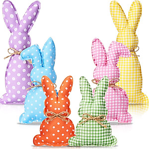 6 Pcs Rustic Easter Bunny Decor Farmhouse Stuffed Fabric Bunny Ornament Polka Dot Grid Easter Basket Bowl Fillers for Tiered Tray Desk Table Top Wedding Home Easter Centerpiece Decoration (Dark)