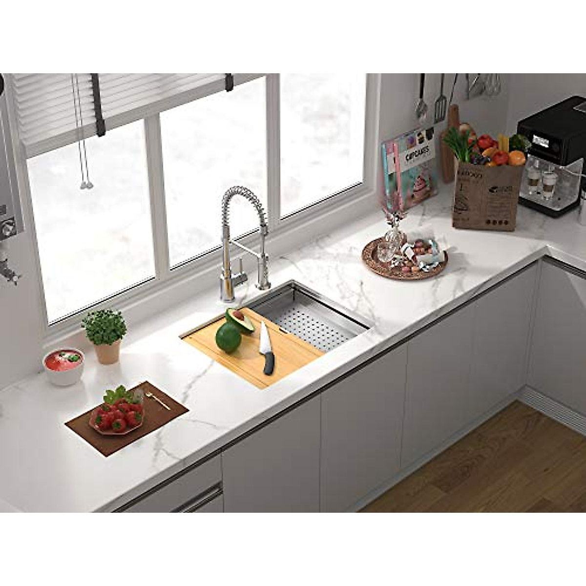 KORVOS Workstation Undermount 16 Gauge Single Bowl Bar Kitchen Sink with Bamboo Cutting Board and Accessories, 24 Inch, Stainless Steel