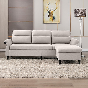 Mjkone 86" Convertible Sectional Sofa Couch, 3 Seat Sofas with 2 USB Ports and Adjustable Armrest, L Shaped Couch with Reversible Chaise, Couches for Living Room Apartment Office - Beige