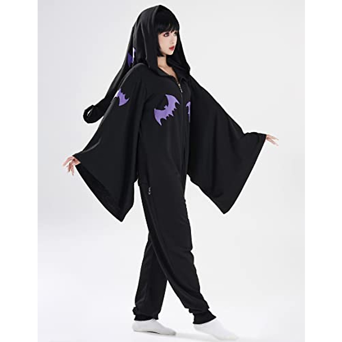 haikyuu Women Halloween Onesie Costume Bat Pajama Pumpkin Emoji Loungewear Turkey Hooded Kigurumi Jumpsuit Homewear (large, black)
