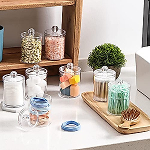 8 Pack Qtip Holder Dispenser with Lids & Labels, Cotton Ball, Cotton Swab, Cotton Round Pads, Floss Storage Canister - Clear Plastic Apothecary Jar for Bathroom Vanity Makeup Organizer (12oz & 10oz)