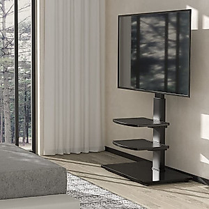 Rfiver Swivel Floor TV Stand with VESA Mount for 32 39 40 43 49 50 55 60 65 70 Inch Flat Screens/Curved TVs, 3-Shelf Tall Narrow TV Stand with Tempered Glass Base, Black Height Adjustable Mount Stand