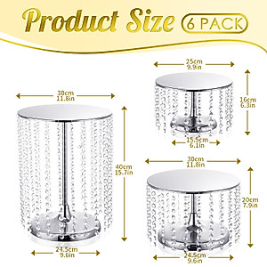 Set of 6 Metal Cake Stands with Crystal Pendant Round Dessert Display Plate Cupcake Holder Pedestal for Wedding Party Birthday Baby Shower Anniversary Celebration Home Decor (Silver)