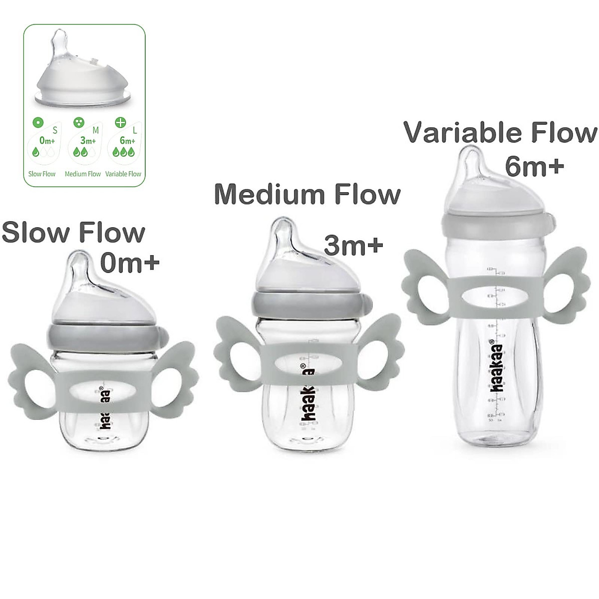 haakaa Gen.3 Silicone Orthodontic Bottle Nipple - Teat Attachment Compatible with Baby Bottles (Glass/Silicone)-Medium Flow - 2 pcs.