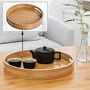 Round Wood Serving Tray with Handles - Natural Wooden Bamboo Ottoman Tray - Coffee Table Decor Food Storage Trays for Breakfast, Lunch, Dinner, Patio, Coffee Table, BBQ, Party