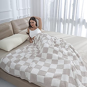 bearberry Fuzzy Checkerboard Grid Throw Blanket Knitted Soft Cozy Warm Microfiber Blanket Decor for Couch Sofa Bed Travel Home (Cream, 50''x60'')