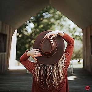 Minnetonka Outback Hat - Flat Brimmed Cowboy Hat for Men and Women Made with Distressed Ruff Leather, Hidden Steel Wire in Brim, and Subtle Leather-Braided Accent, Large-Brown