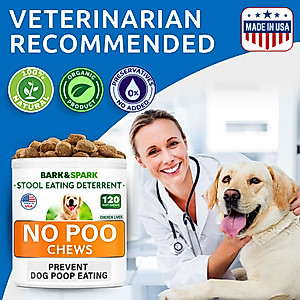 BARK&SPARK NO Poo Treats - Prevent Dog Poop Eating - Coprophagia Treatment - Stool Eating Deterrent - Probiotics & Enzymes - Digestive Health + Breath Aid - 120 Soft Chews - USA Made - Chicken Liver