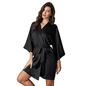 AW BRIDAL Women's Black Silk Robe, Short Satin Kimono Robe Bridal Party Robes for Brides Bridesmaids, Black S