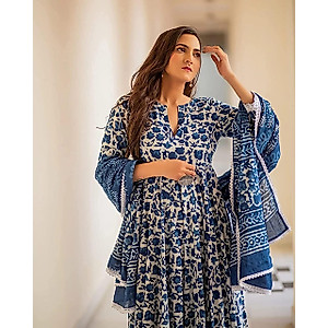 NANNUDECO Cotton Kurtis For Women Blue Anarkali Kurta With Palazzo Dupatta set (M)