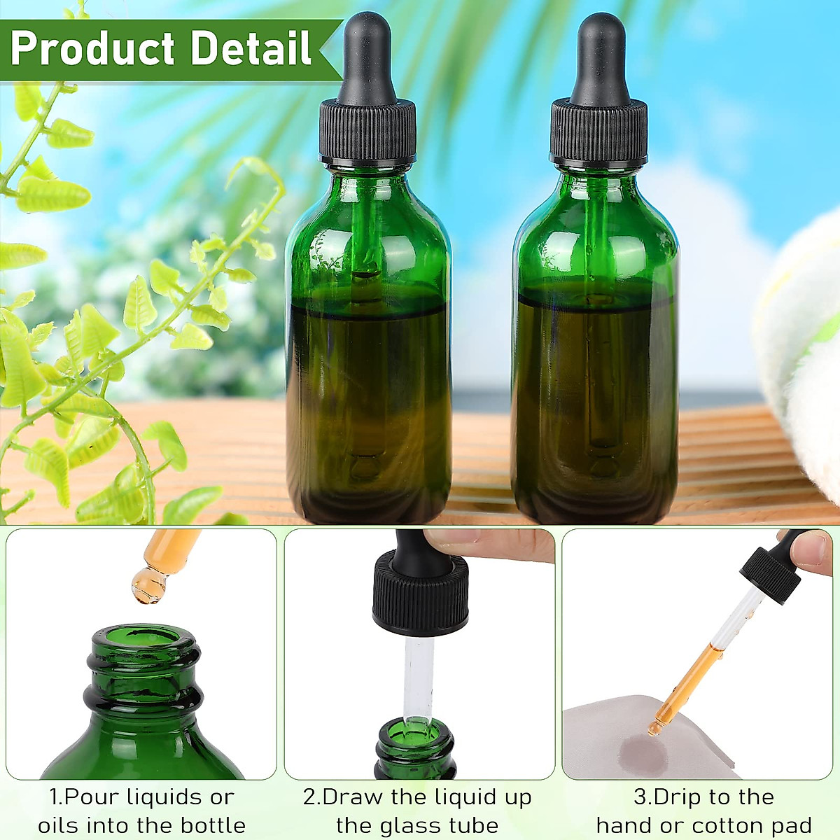 Epakh 100 Pack Glass Dropper Bottles, 2 oz Tincture Vials with Eye Droppers for Essential Oils, Liquids, Leakproof Travel Bottles (Green)
