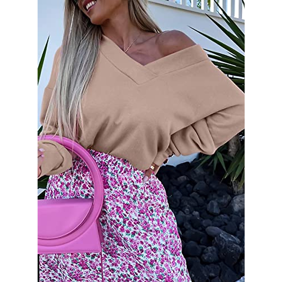 Dokotoo Women Ladies Sexy Off The Shoulder Tops Autumn Casual V Neck Long Sleeve Sweatshirt Blouse Khaki Medium