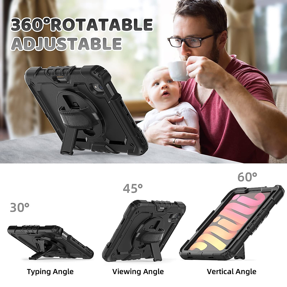 Blosomeet iPad Mini 6 Case 8.3" 2021 with Tempered Glass Screen Protector Pencil Holder [360 Rotating Hand Strap] &Stand, Heavy Duty Case for iPad Mini 6th Generation | Black