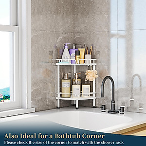 Consumest Corner Shower Caddy Stand - 2 Tier Shower Organizer with Soap Holder, Standing Tall Floor Shower Stand with Adjustable Feet & 2 Hooks, Shower Shelf Rack Storage for Bathroom White