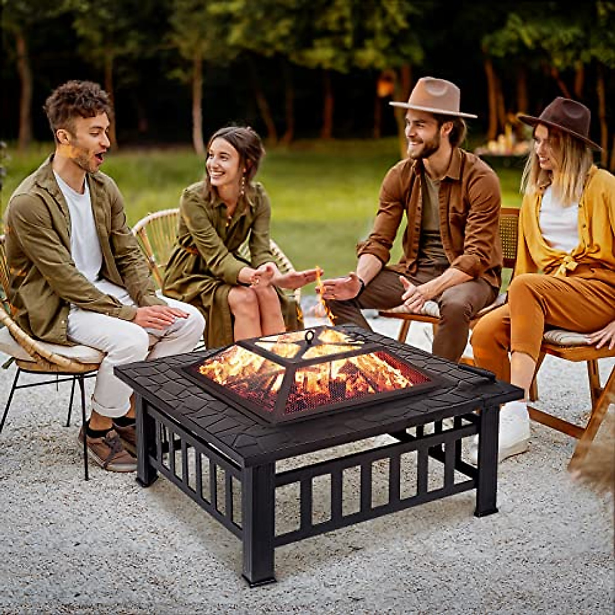 32 Inch Fire Pit Table for Outside Heavy Duty 3 in 1 Metal Square Firepit Table with Spark Screen Cover Log Grate and Poker for Outside Wood Burning and BBQ Drink Cooling