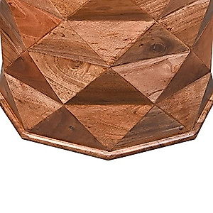 The Urban Port 23-Inch Handcrafted Drum Side Accent Table with a Multifaceted Diamond Cut Design, Natural Brown Acacia Wood