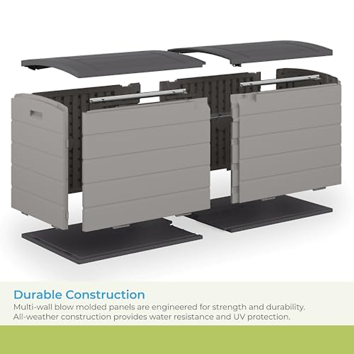 Suncast 120-Gal. All-Weather Patio Deck Box with Pad-Lockable Split Top Lid, Extra-Large Outdoor Storage Unit for Patio Furniture and Grill Tools