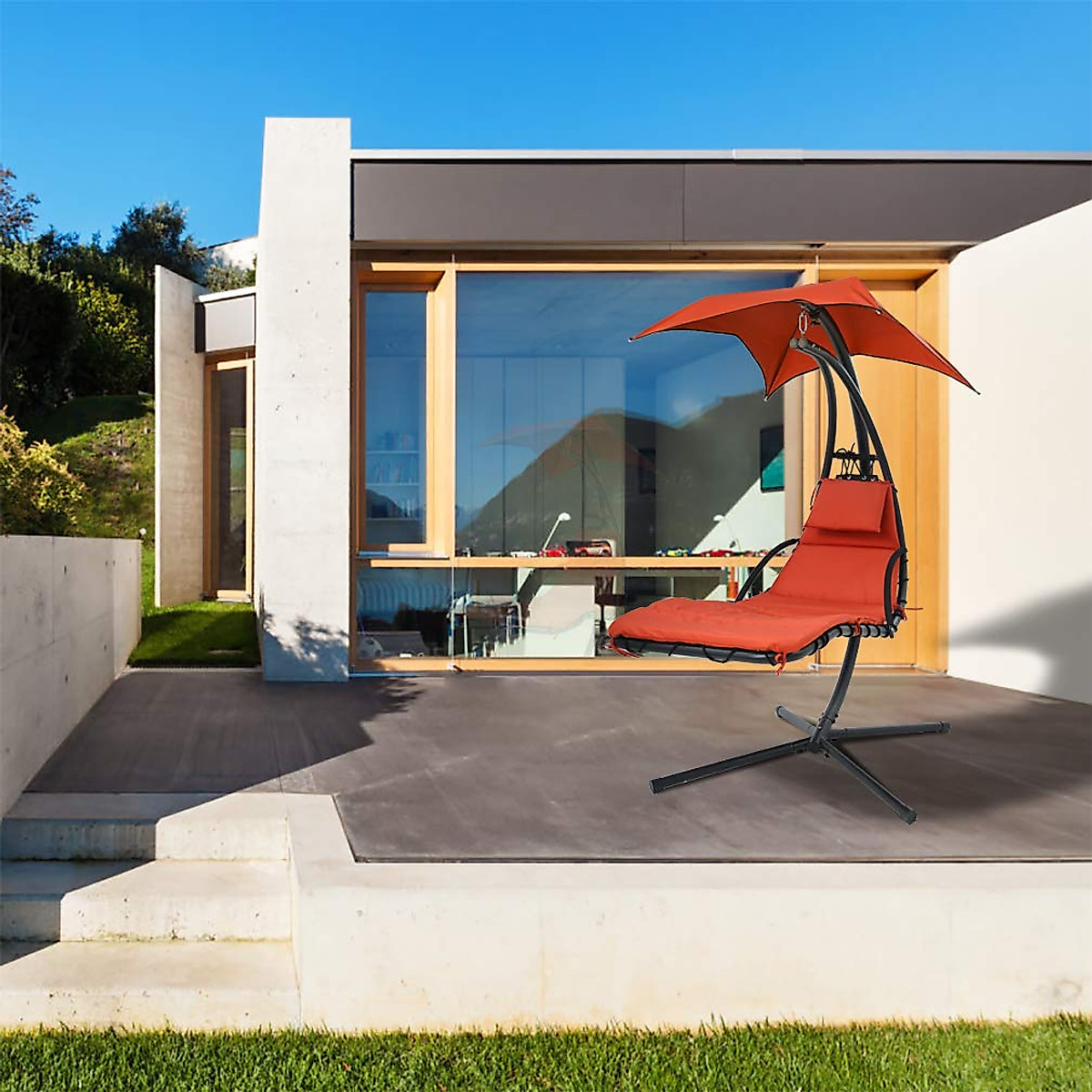 Hammock Chair Hammock Stand Outdoor Chair Patio Lounge Chair Outdoor Hanging Chair Patio Swing Chair for Adults Backyard Garden Deck Chair with Canopy Umbrella Free Standing Floating Bed Furniture