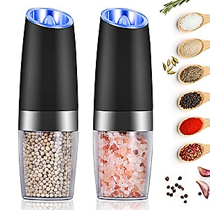EasyCom Gravity Electric Salt and Pepper Grinder Set, Battery Powered with LED Light, Adjustable Coarseness, One Hand Automatic Pepper Mill Grinder for Kitchen and BBQ, 2 Pack, Black