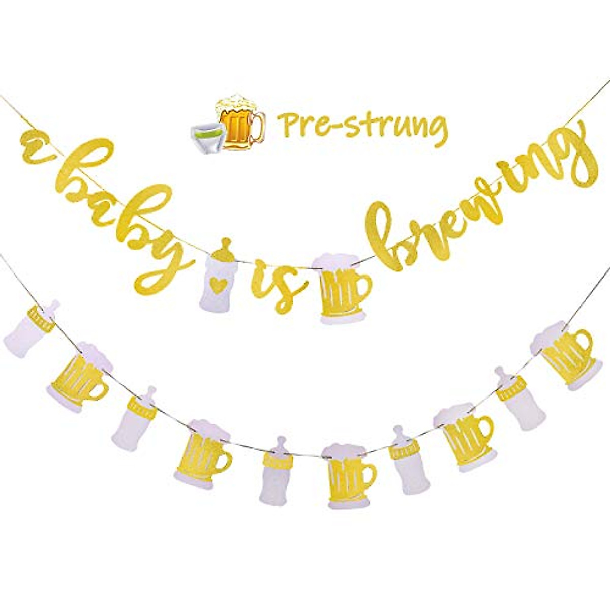Set of 2 A Baby is Brewing Baby Shower Decorations Banner for Diaper Party Decor Gender Reveal Party Pregnancy Celebration Baby Brewing Sign with Beer Mug & Baby Bottle Design Pre-Strung