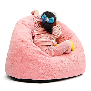 N&V Small Bean Bag Chair for Kids, Children Mini Bean Bag Sack, Foam Filling, Includes Removable and Machine Washable Cover, 27in, Soft Faux Fur (Pink)