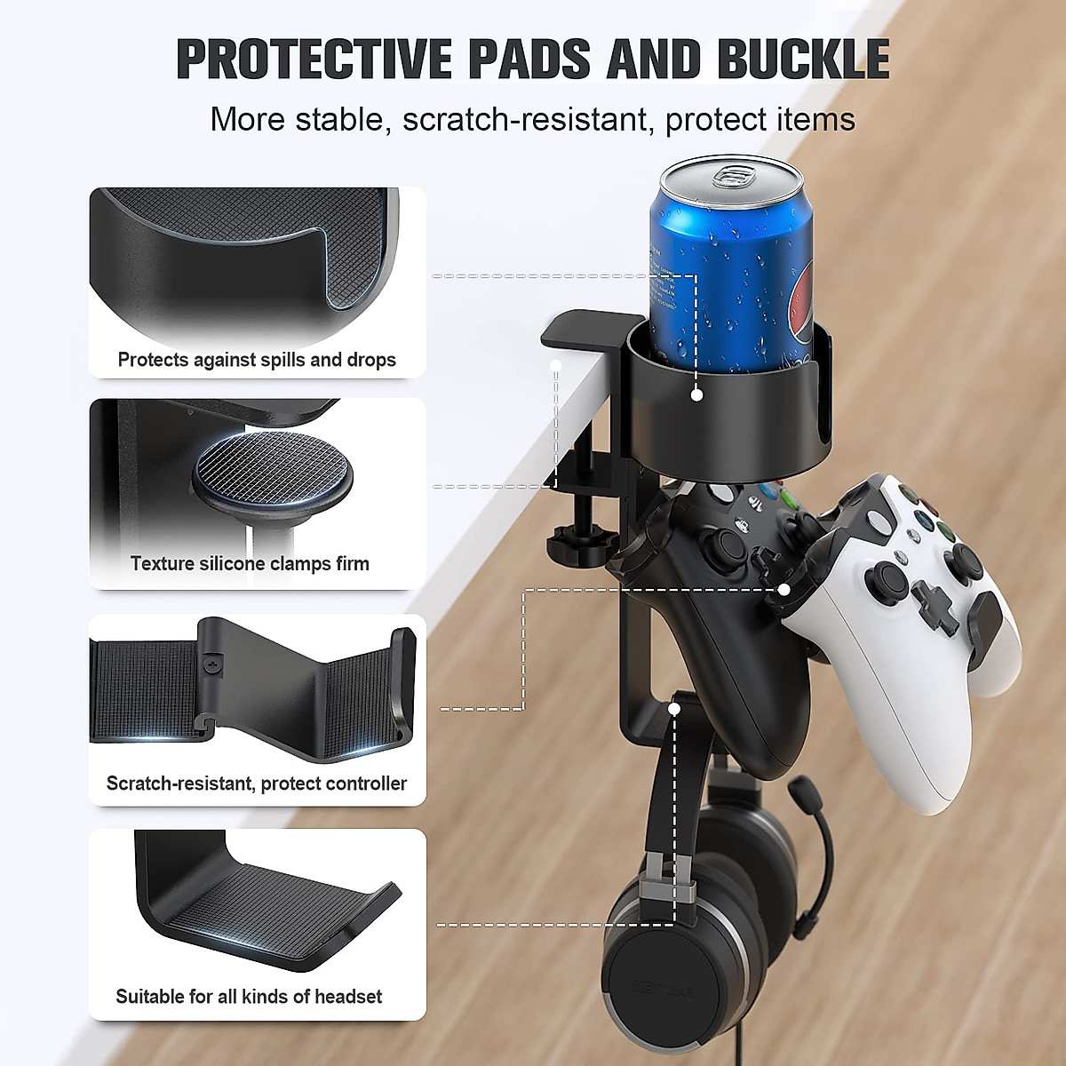 TOCiTAA New Controller Holder with Headphone Hanger, 3 in 1 Desk Cup Holder with Headphone Stand, Controller Stand Gaming Accessories, Game Controller Stand Holder for Xbox, PS4, PS5, PC, Switch