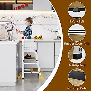 YAKANJ Toddler Standing Tower,Toddler Kitchen Stool Helper,Step Stool for Toddler Kids,Wooden Standing Tower with Adjustable Height,Anti-Slip Protection,Safety Belt-Wood