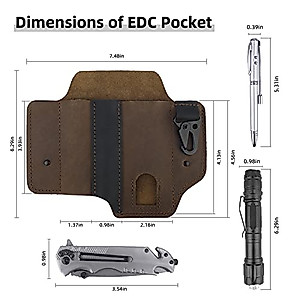 Leather Multitool Sheath, EDC Pocket Belt Organizer for Men with Flashlight Holster, Knife Sheath, Pen Holder and Keychain Clip (Brown)