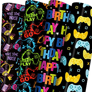 ZINTBIAL Gaming Birthday Wrapping Paper for Boys Girls Kids Baby Shower - Black Gift Wrapping Paper with Colorful Gamepad, Pink Headphones, Happy Birthday - 20 x 29 Inches per Sheet (8 Folded Sheets), Recyclable, Easy to Store, Not Rolled