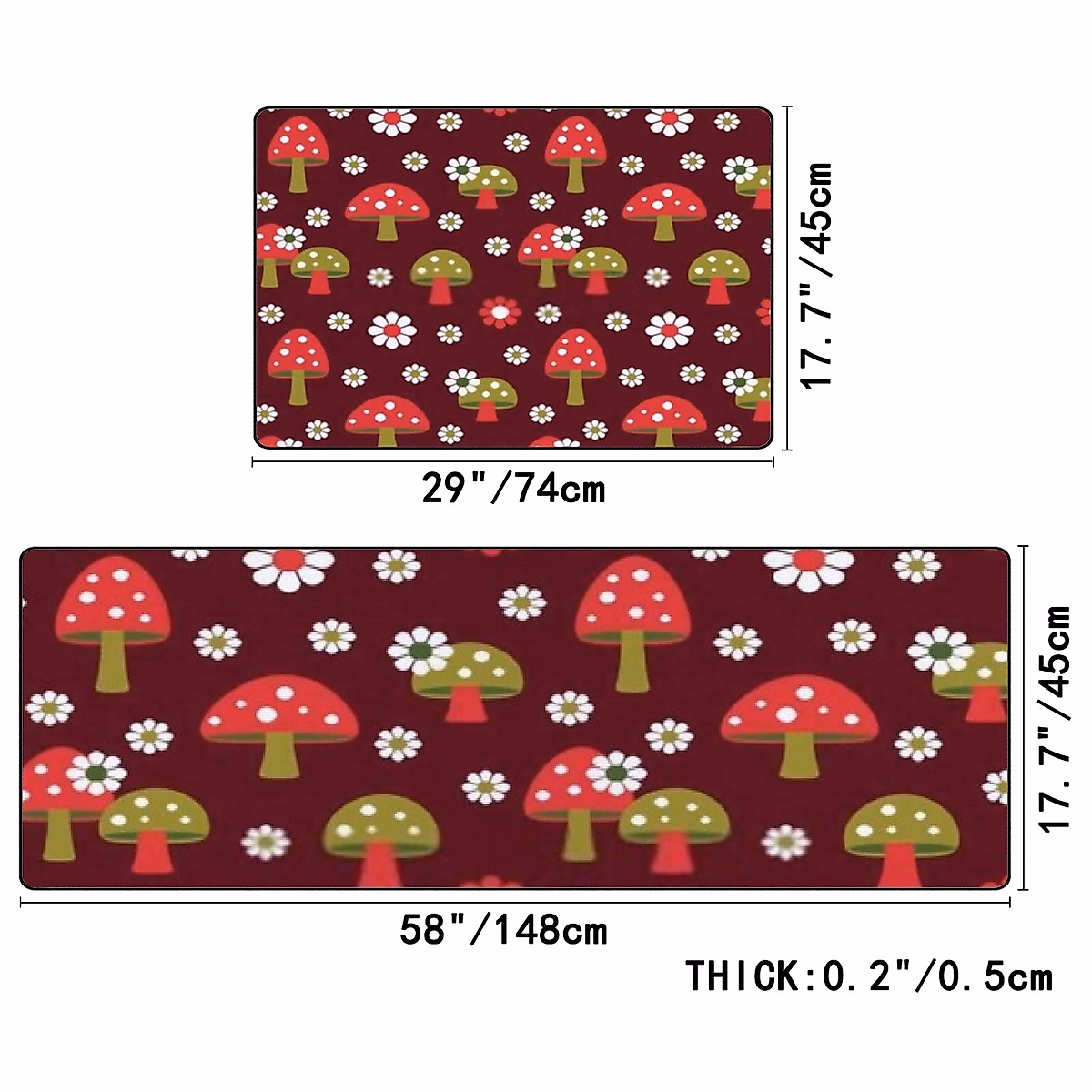 Kuizee Kitchen Mat Set of 2 Pieces Anti Fatigue Rugs Mushrooms Daisy Retro Dark Red Soft Water Absorbent Non-Slip Standing Mats Kitchen Decor Floor,17.7"x 29" +17.7"x58"