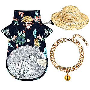 3 Pieces Pet Dog Hawaiian Costume Include Hawaiian Dog T-Shirts Pineapple Print Puppy Summer Clothes, Straw Hat and Cool Gold Chain Necklace for Small Medium Dogs (Medium, Navy Blue)