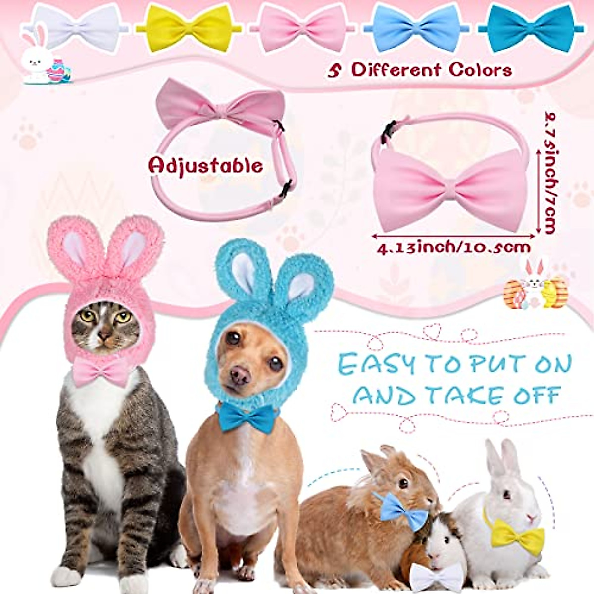 20 Pcs Easter Costume Set Bunny Ears Costume for Dogs Cats 10 Bunny Rabbit Hat with Ears Bunny Ears Pet Headband 10 Bowtie Collar Hats for Cats Small Dogs Costume Accessory
