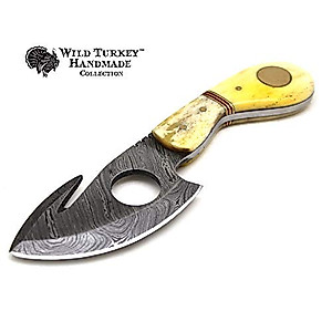 Wild Turkey Handmade Damascus Steel Color Bone Handle Fixed Blade Full Tang Skinner Knife w/Leather Sheath Hunting Camping Fishing Outdoor (Bone)