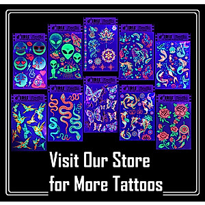 Temporary Tattoos – 3 Sheets Tattoo Design Body Art Blacklight Reactive Light Festival Accessories Glow in the Dark Party Supplies | 7.2” x 5.2” Temp Tattoos Great for EDM EDC Party Rave Parties
