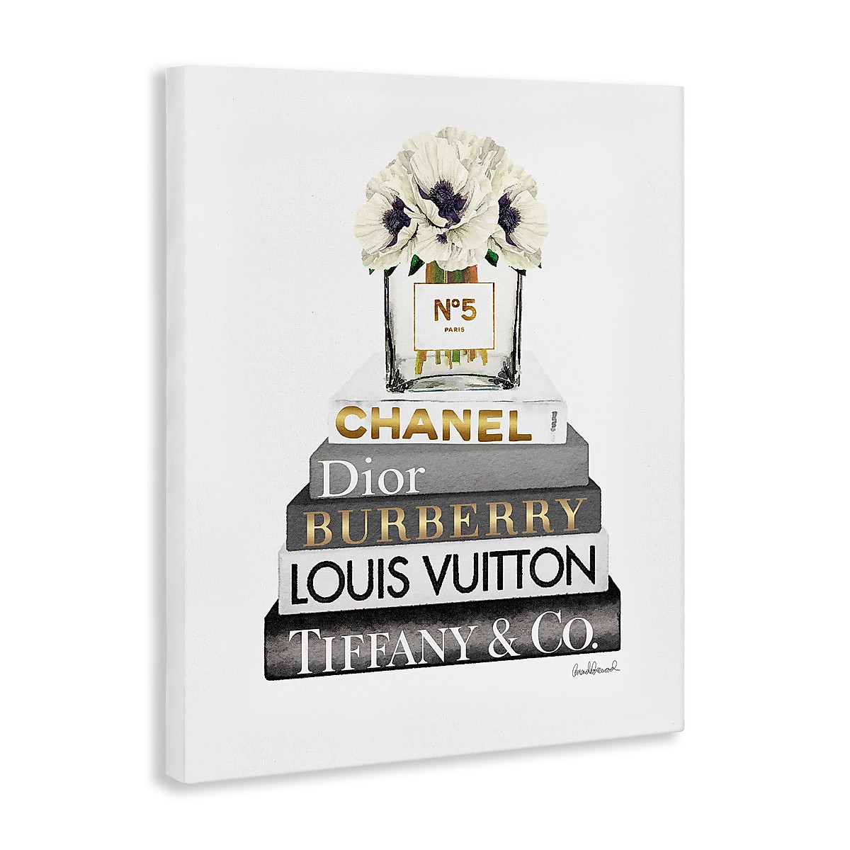 Stupell Industries Blooming White Floral Display on Glam Designer Bookstack Wall Art, 16 x 20, Gallery Wrapped Canvas