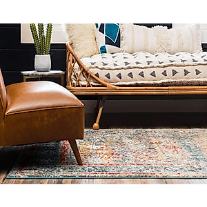 Unique Loom Rosso Collection Vintage, Traditional, Bohemian, Border, Distressed, Southwestern Area Rug, 5' 0" x 8' 0", Blue/Ivory