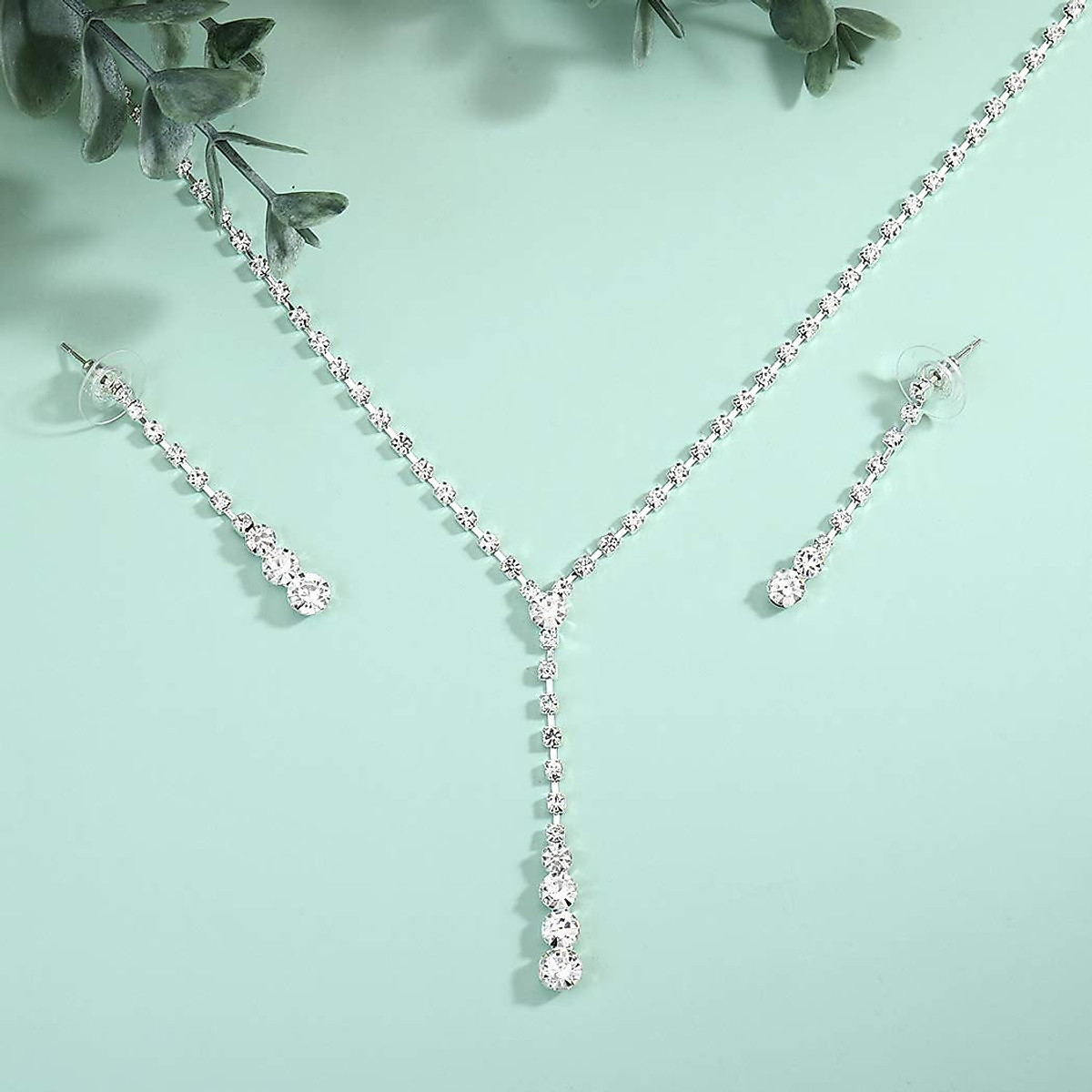 Unicra Bride Silver Bridal Necklace Earrings Set Crystal Wedding Jewelry Set Rhinestone Choker Necklace for Women and Brides (3 piece set - 2 earrings and 1 necklace)(A Silver)