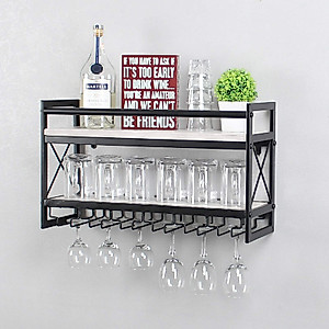 MBQQ Wine Rack Stemware Glass Rack,Industrial 2-Tier Wood Shelf,24in Wall Mounted Wine Racks with 6 Glass Holder for Wine Glasses,Mugs,Home Decor,Black