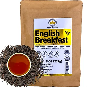 English Breakfast Tea, CRISP, RICH & AROMATIC well-rounded loose leaf tea, 110+ cups, 8oz Organic Ceylon SINGLE ESTATE tea, 100% Idulgashinna estate, OP grade tea, U.S.A. Processed & Quality Control