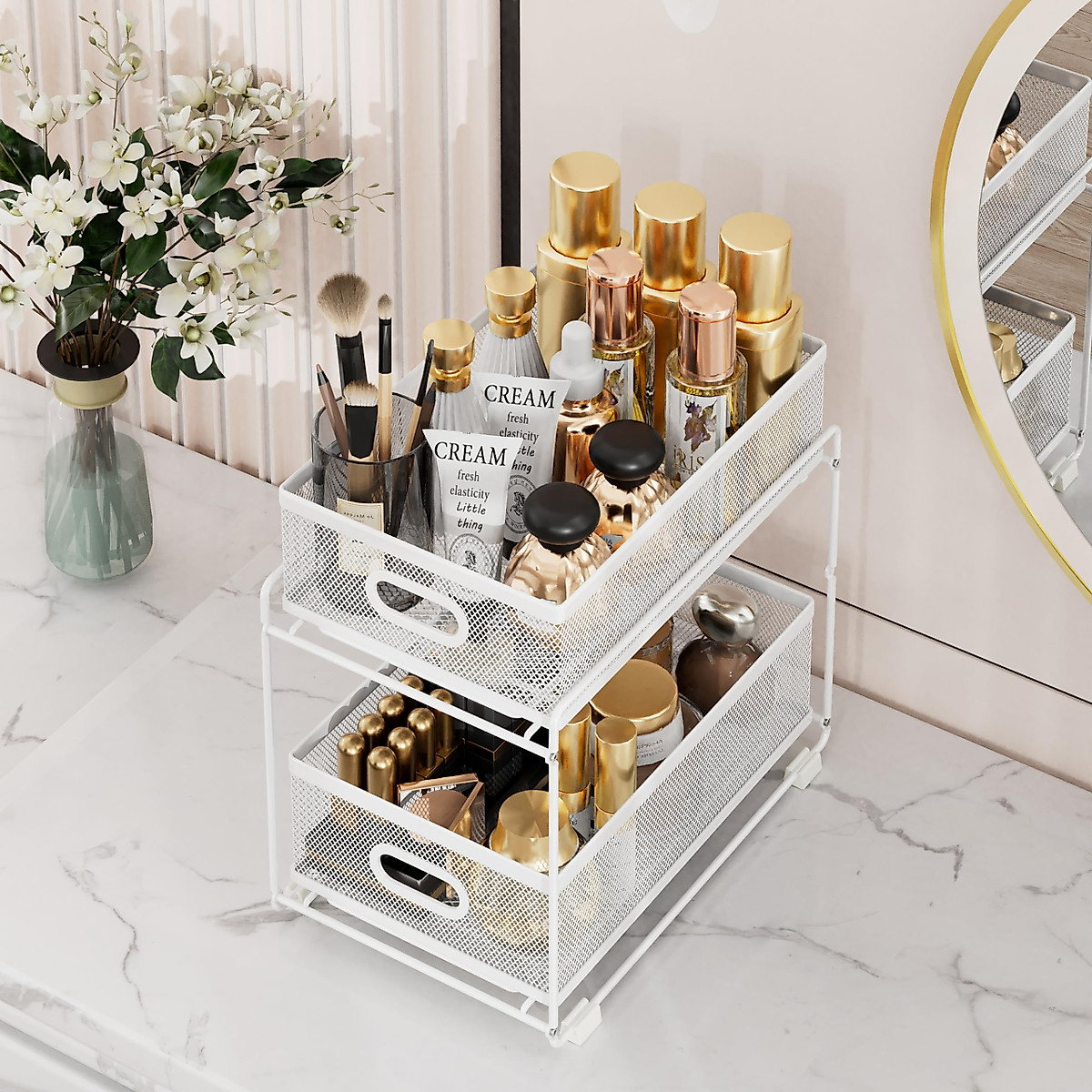 Wkokos 2 Tier Under the Sink Organizer Sliding Metal Basket, Adjustable Mesh Cabinet Storage Organizer -Ideal for Office, Kitchen, Bathroom, White